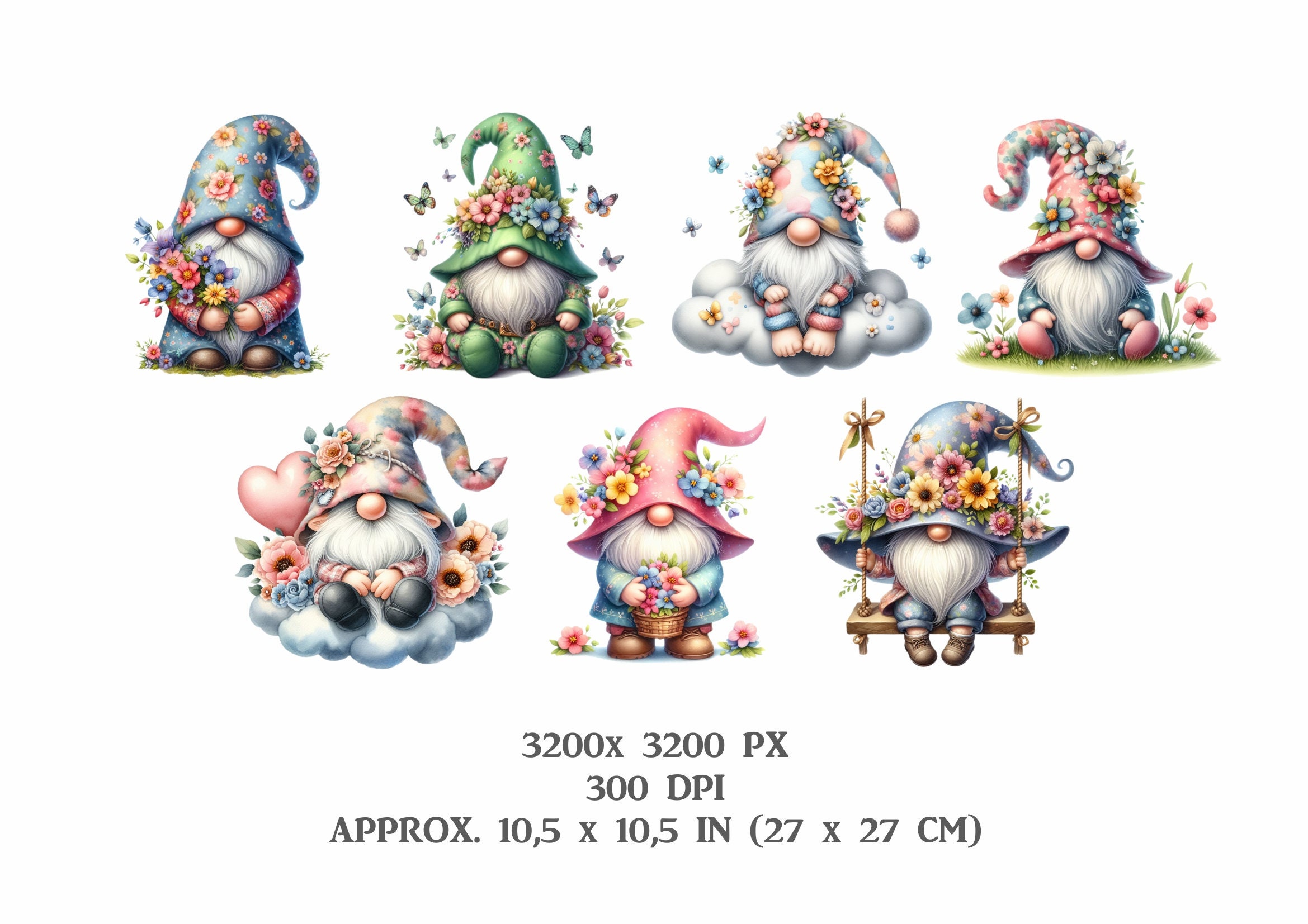 15 Spring Gnomes Pack, Watercolor Cute Easter Gnome With Flowers PNG ...