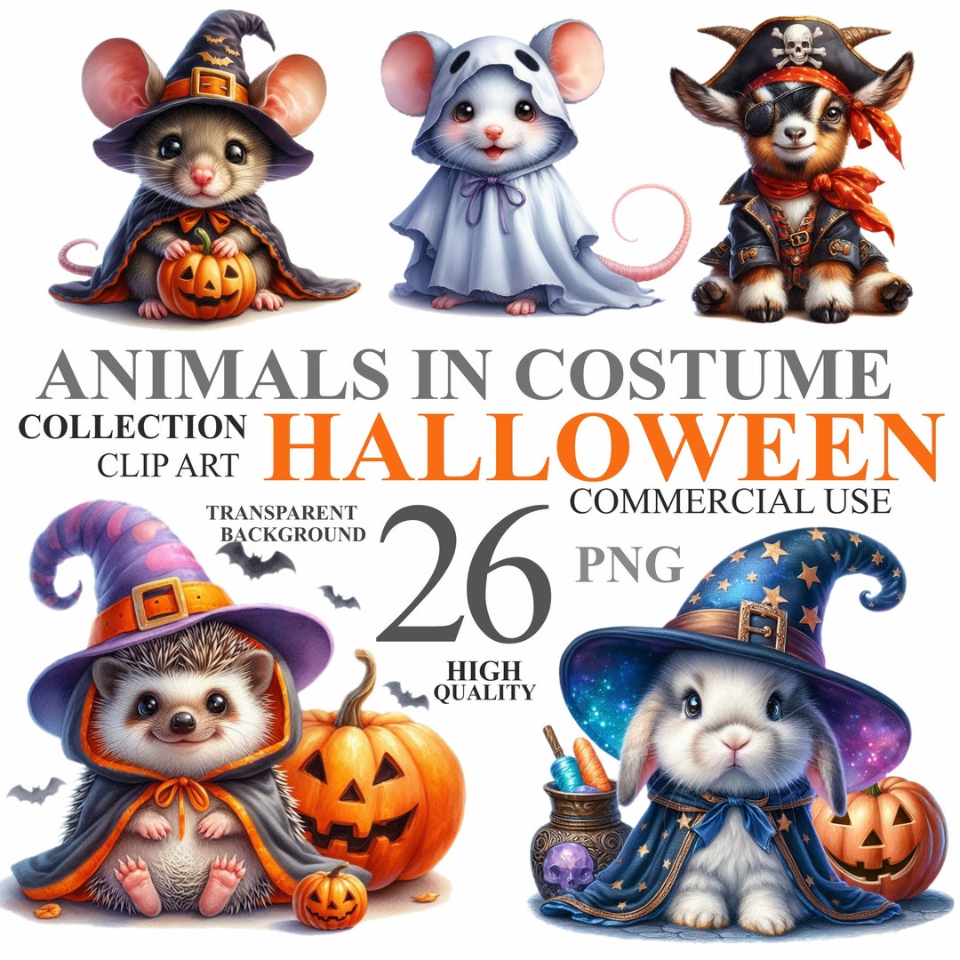 26 Halloween Animals Pack Watercolor Cute Mouse Goat Rabbit PNG Art ...