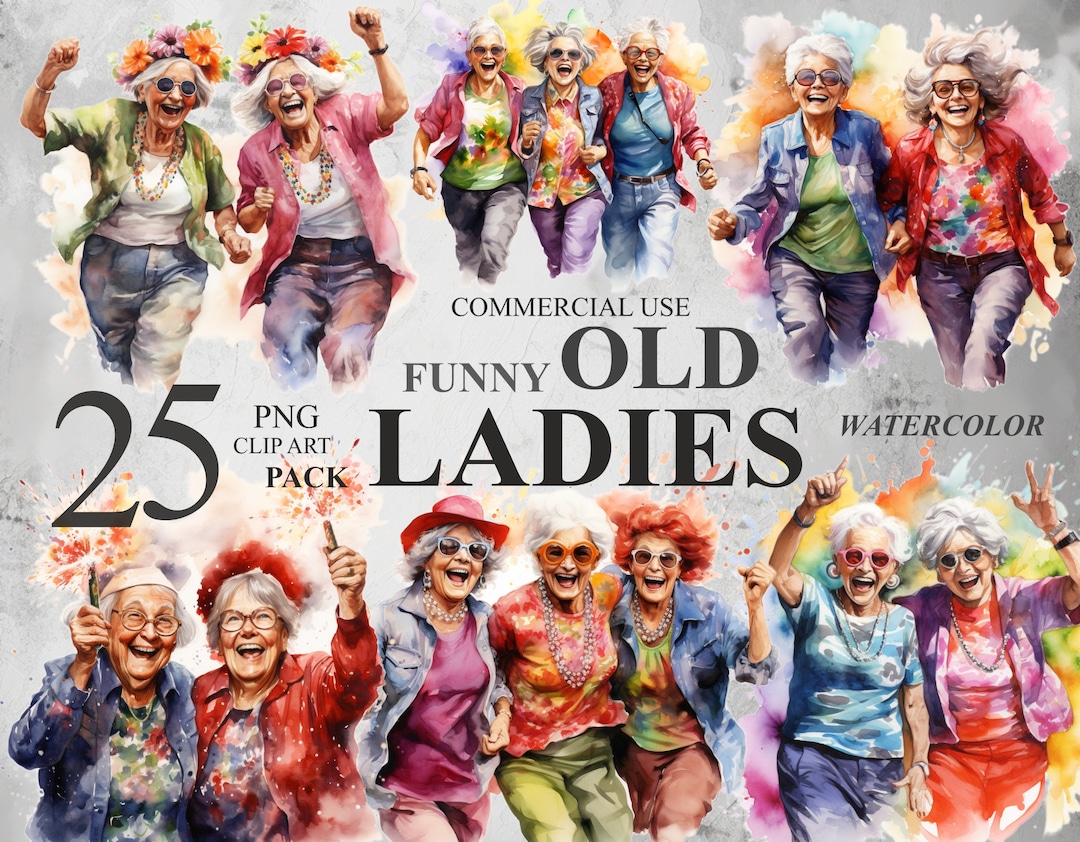 25 Funny Old Ladies Clipart, Watercolor Funny Women Dancing Digital Art, Elderly People PNG ...