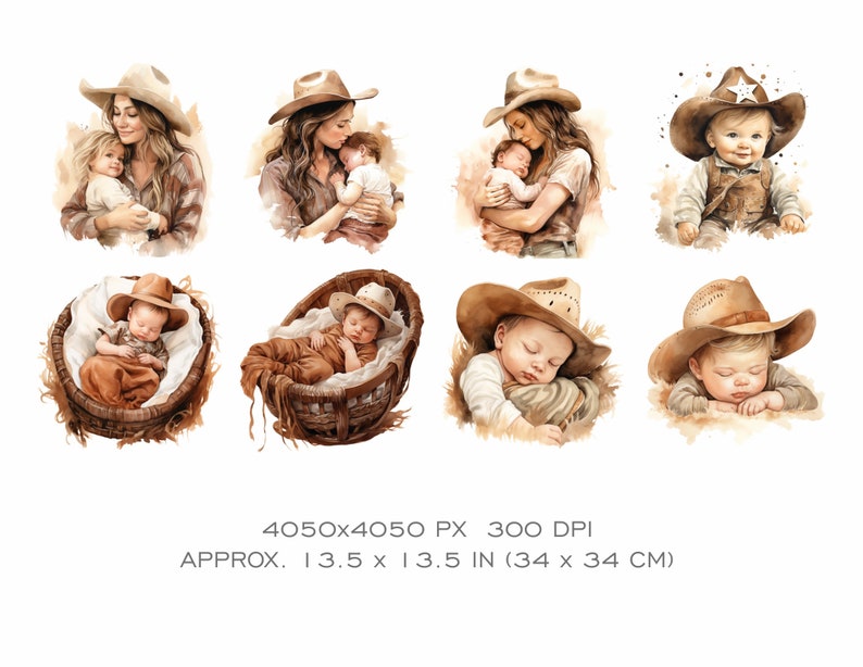 35 Watercolor Baby Shower Clipart Cowboy Baby Bundle Digital Clip Art ...