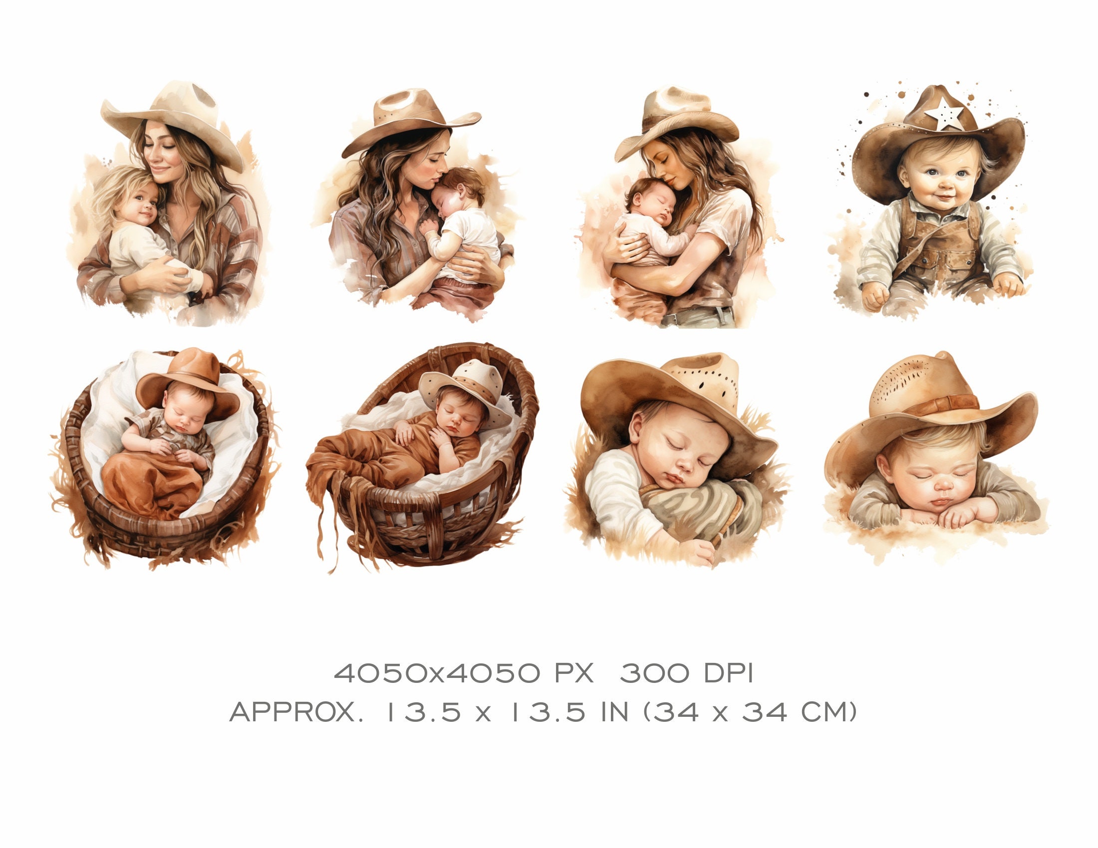 35 Watercolor Baby Shower Clipart Cowboy Baby Bundle Digital Clip Art ...