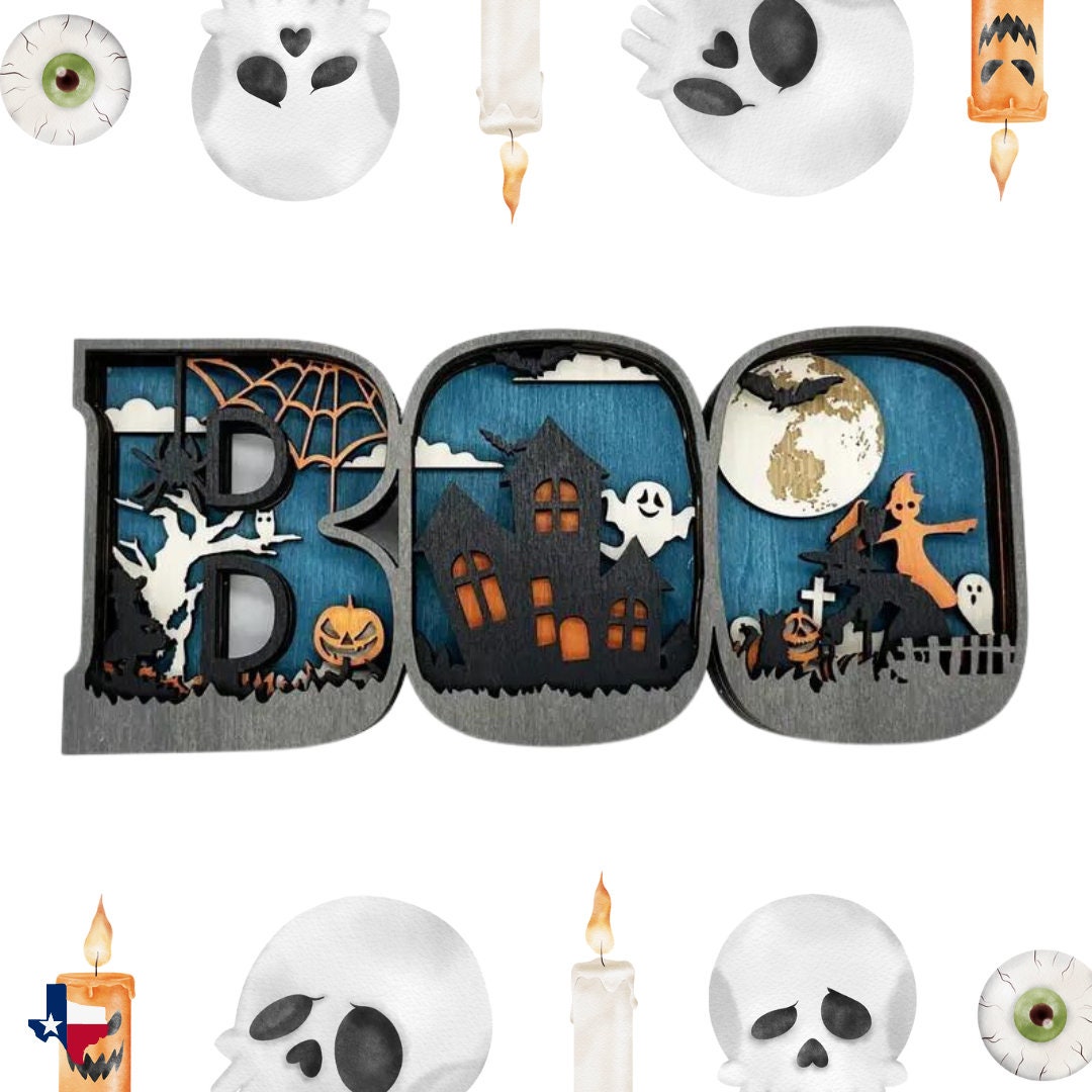 BOO Freestanding Wood Sign, Rustic Halloween Centerpiece, Spooky ...