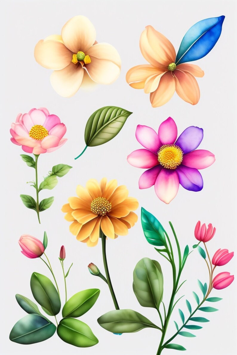 Colorful Watercolor Flowers Clipart, Pastel Floral Clipart, Botanical ...