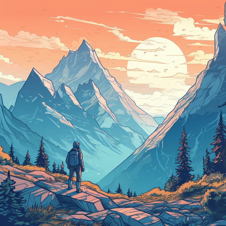 Adventure Awaits: Captivating Mountain Scenic Views in Comic Style - Etsy