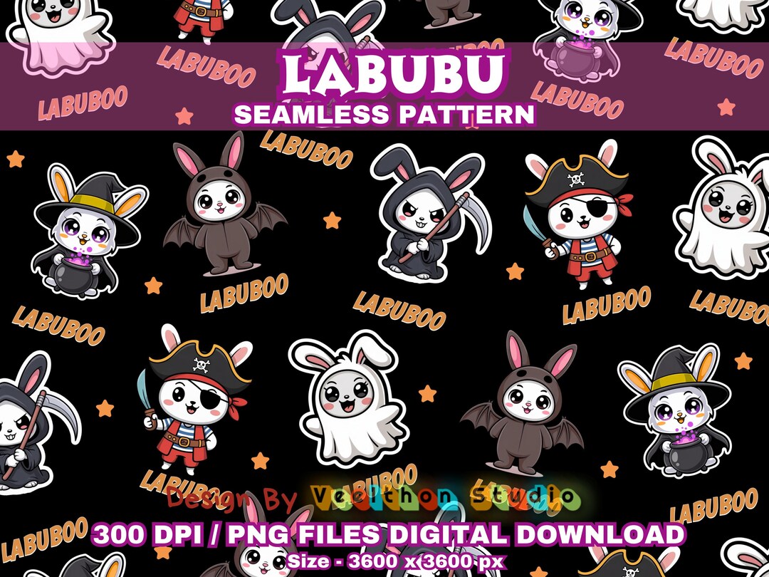 Halloween Labubu Seamless Pattern: Kawaii Horror Bunny PNG (digital ...