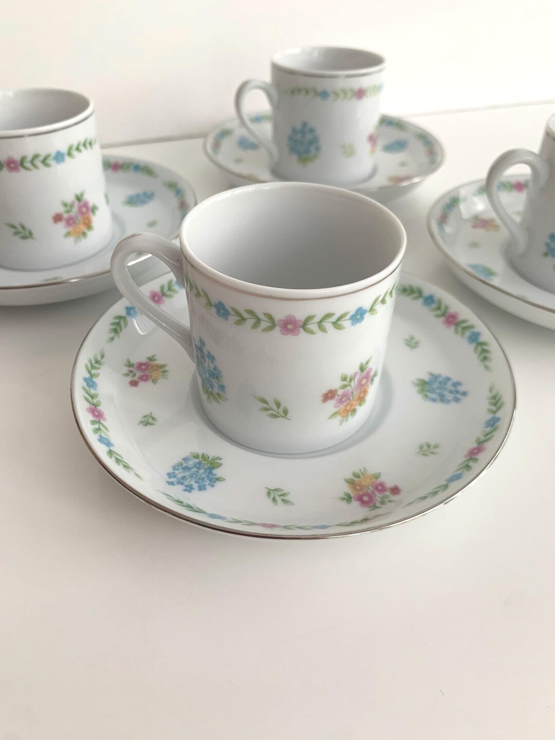 Vintage Pink Floral Coquette Style With Silver Detailing Espresso Cups ...