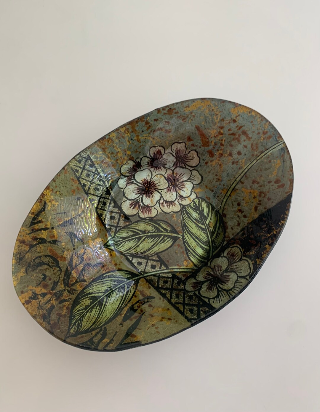 Vintage Durwin Rice Reverse Decoupage Decorative Glass Bowl With Black ...