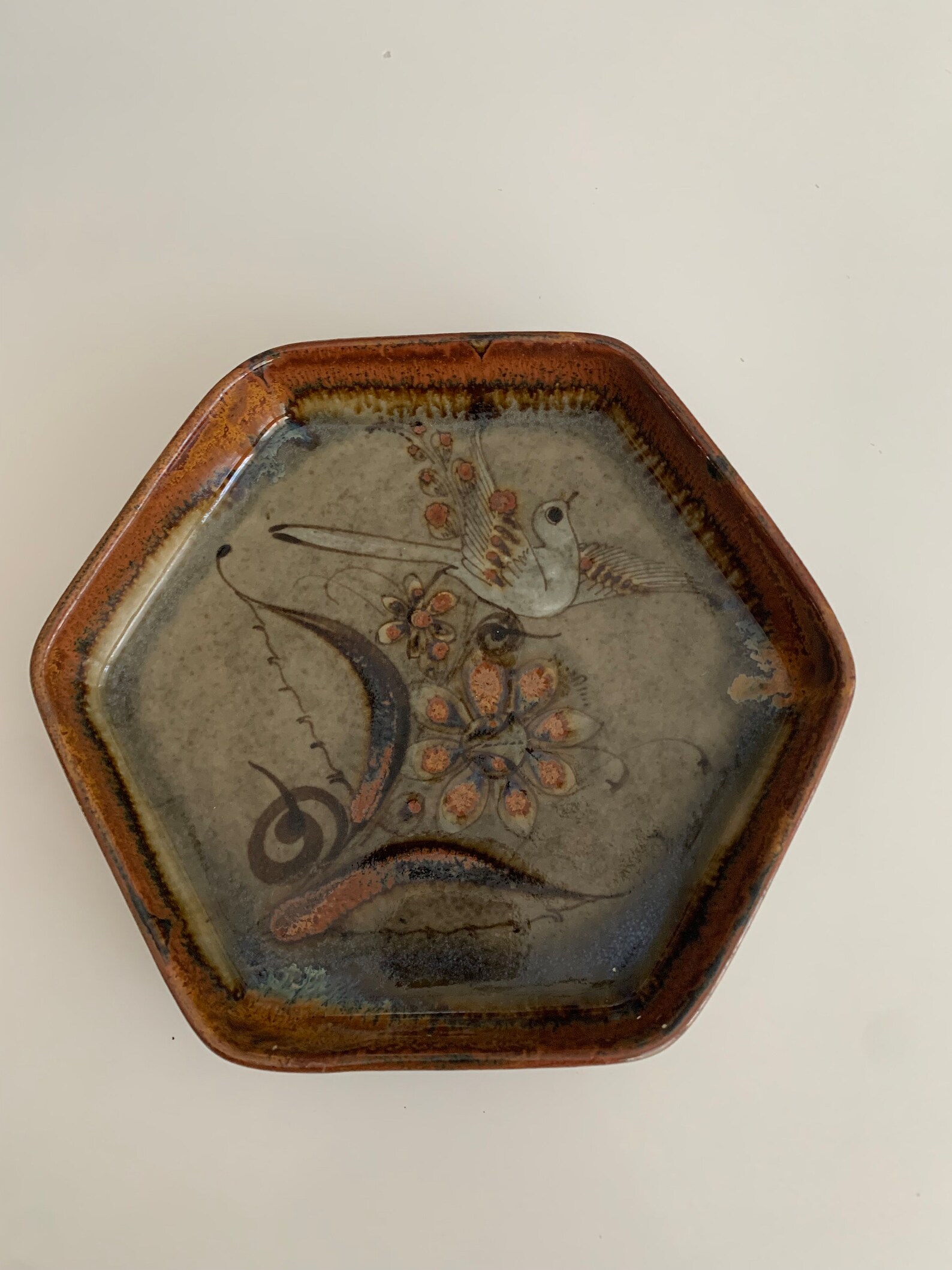 Vintage Mexican Pottery MCM Hexagon Shape Bird Plate With Beautiful ...