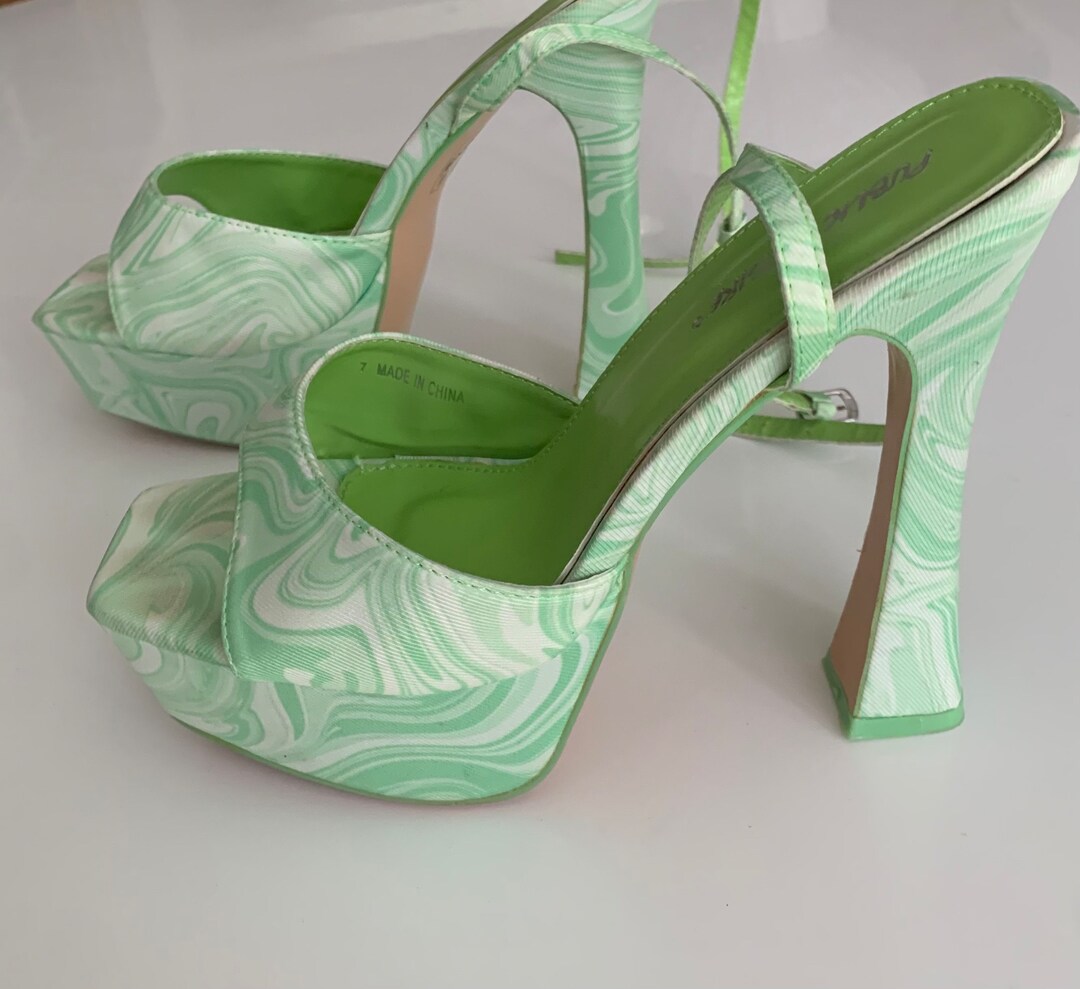 Vintage Y2K Green Swirl Psychedelic Marbled Wave Platform Heels Sandals ...