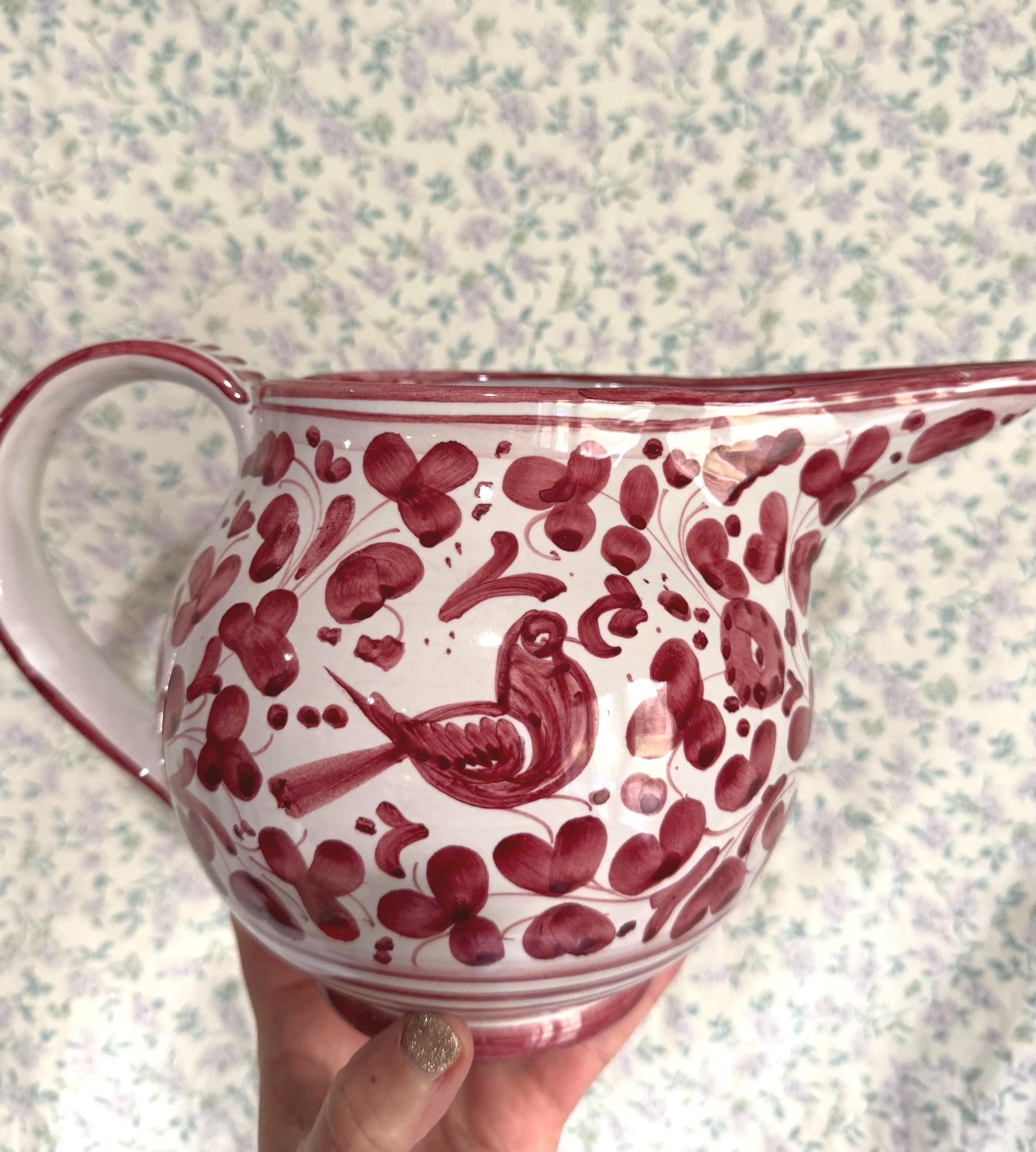 Vintage Deruta Pottery Pitcher: Red & White Bird Floral, Italian ...