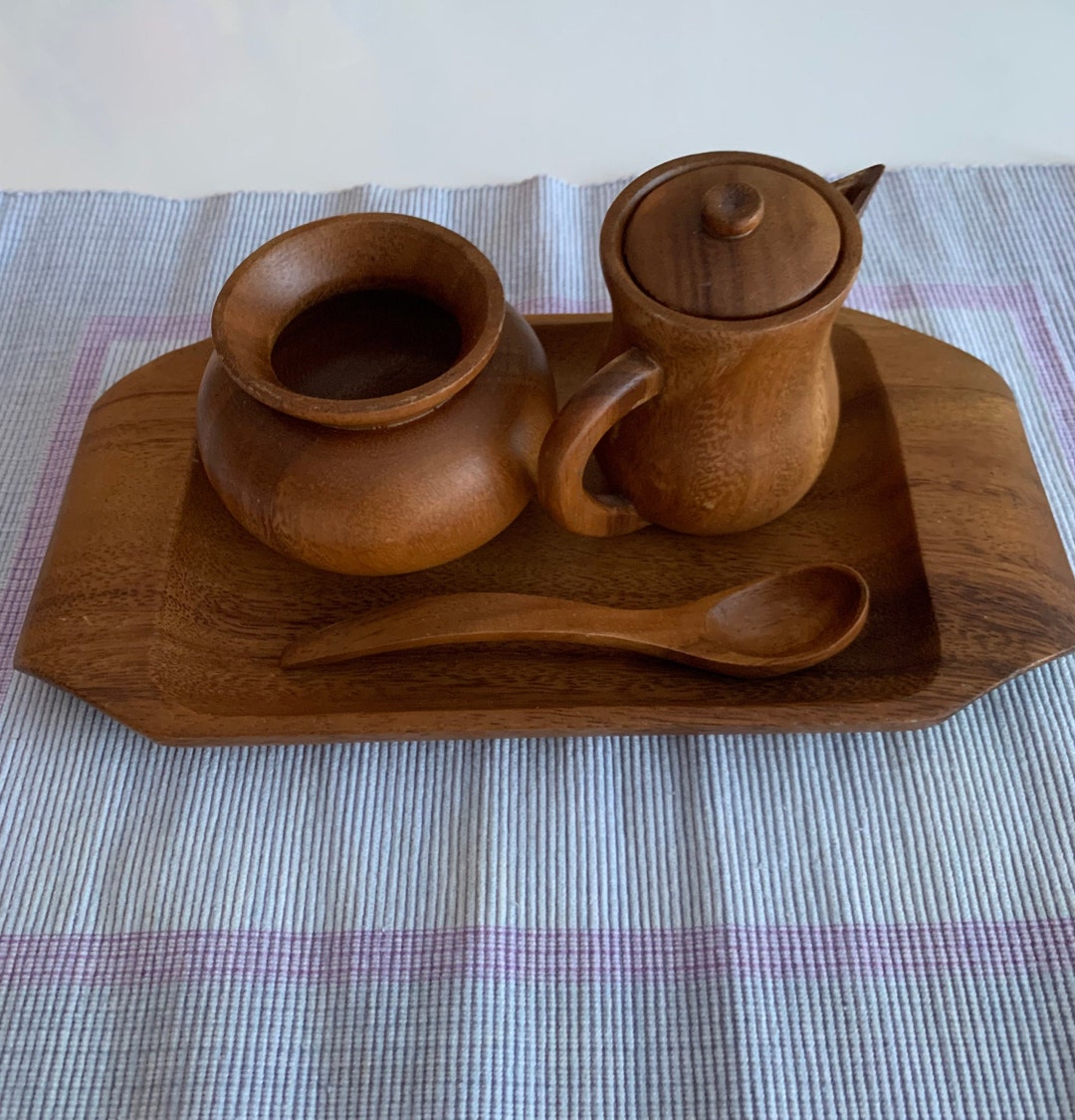 Vintage Wooden Teak Individual Tea Set Sugar & Creamer Set. - Etsy