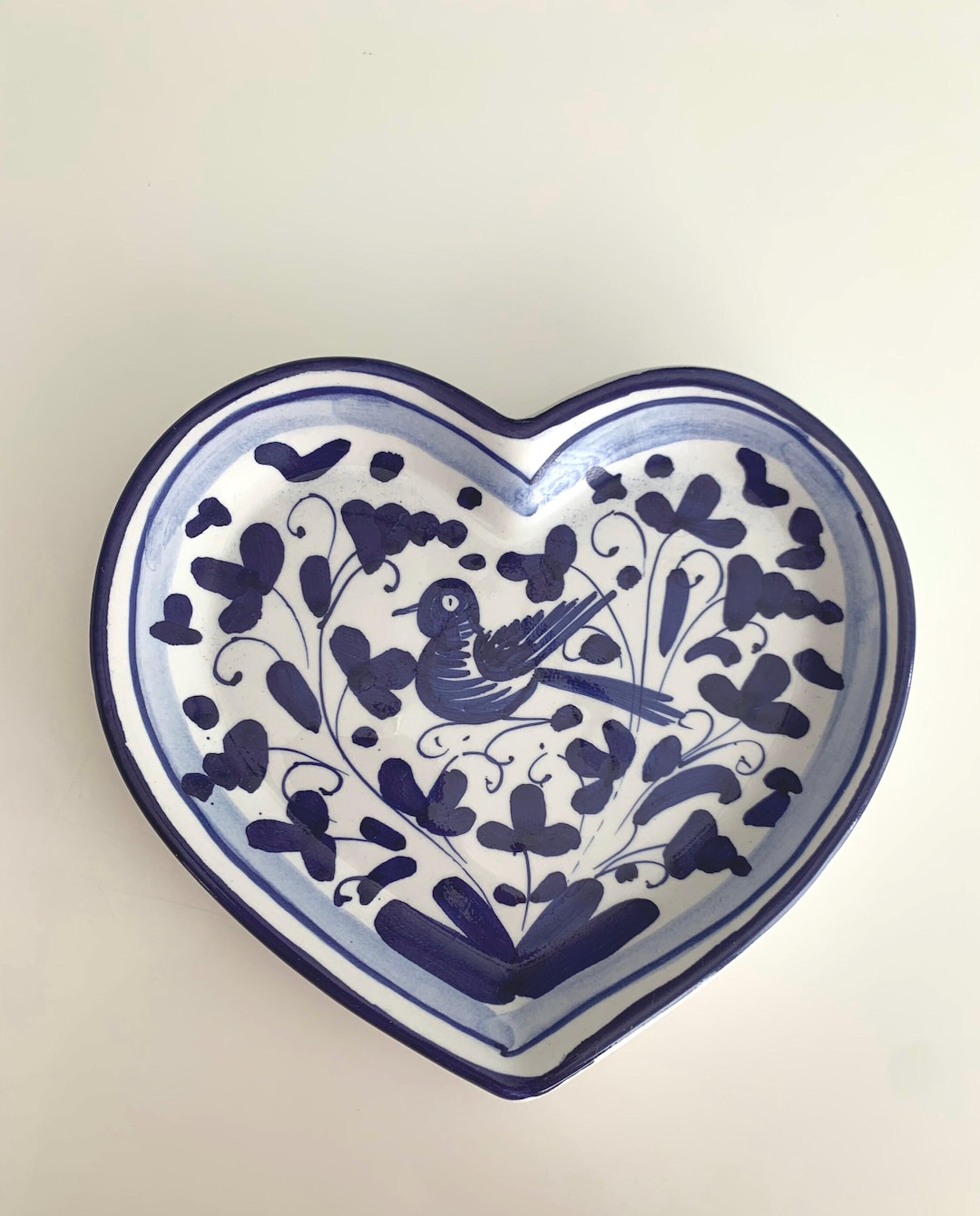 Vintage Heart Shaped Blue & White Hand Painted Trinket Dish With Sweet ...