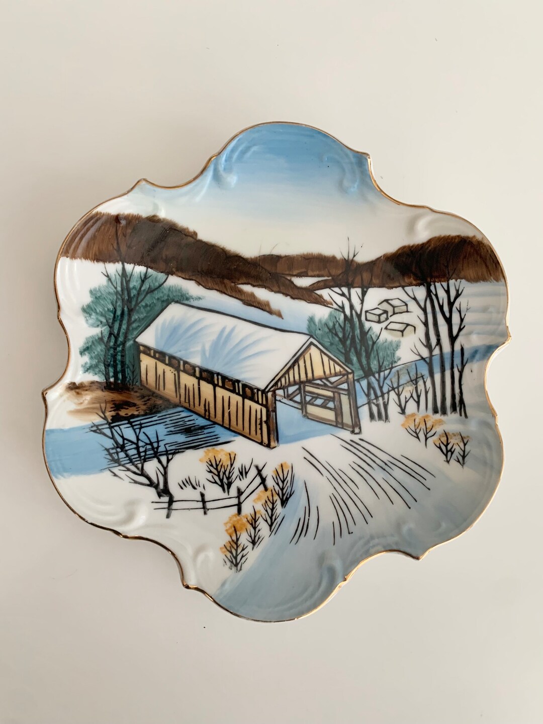 Vintage Hand Painted Covered Bridge Plate With Scalloped Edge and Ready ...