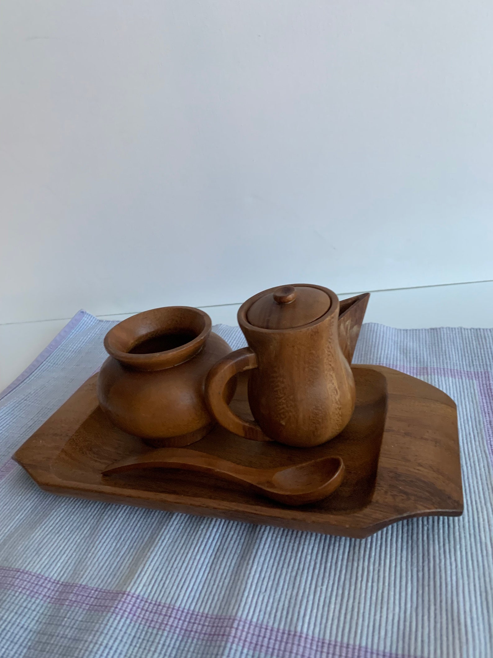 Vintage Wooden Teak Individual Tea Set Sugar & Creamer Set. - Etsy