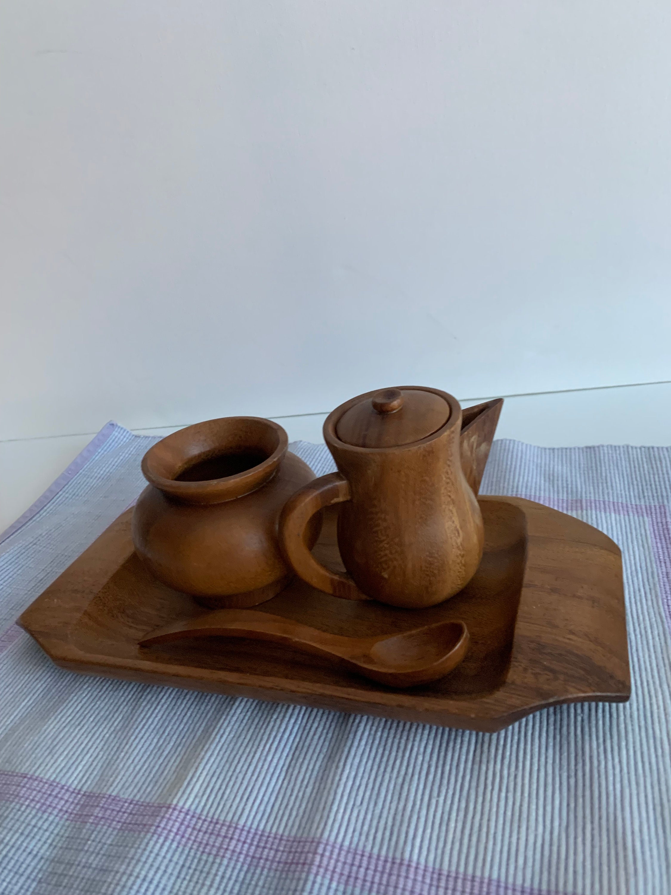Vintage Wooden Teak Individual Tea Set Sugar & Creamer Set. - Etsy