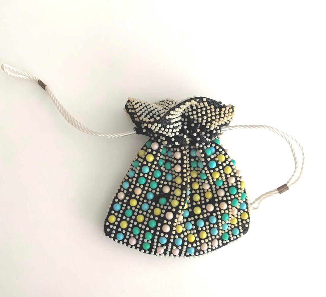 1960’s Vintage Mod MCM Black Drawstring Cinch Bag With White, Pink ...
