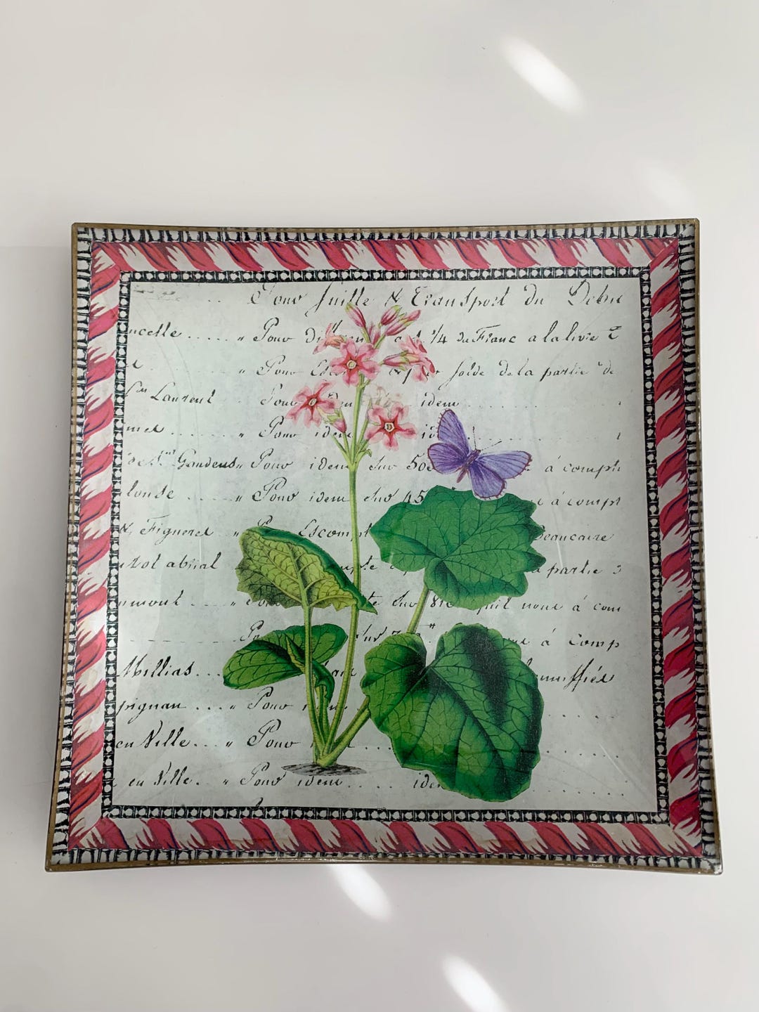 Vintage Durwin Rice Glass Decoupage Plate / Serving Bowl With Pink ...