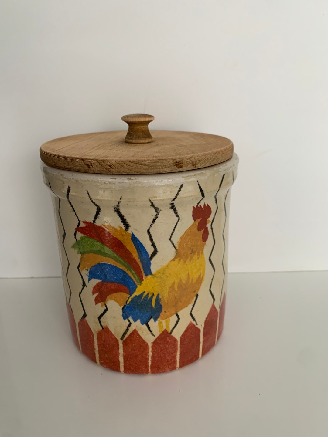 Vintage Pottery Ceramic Crock Canister With Handsome Rooster & Wooden ...