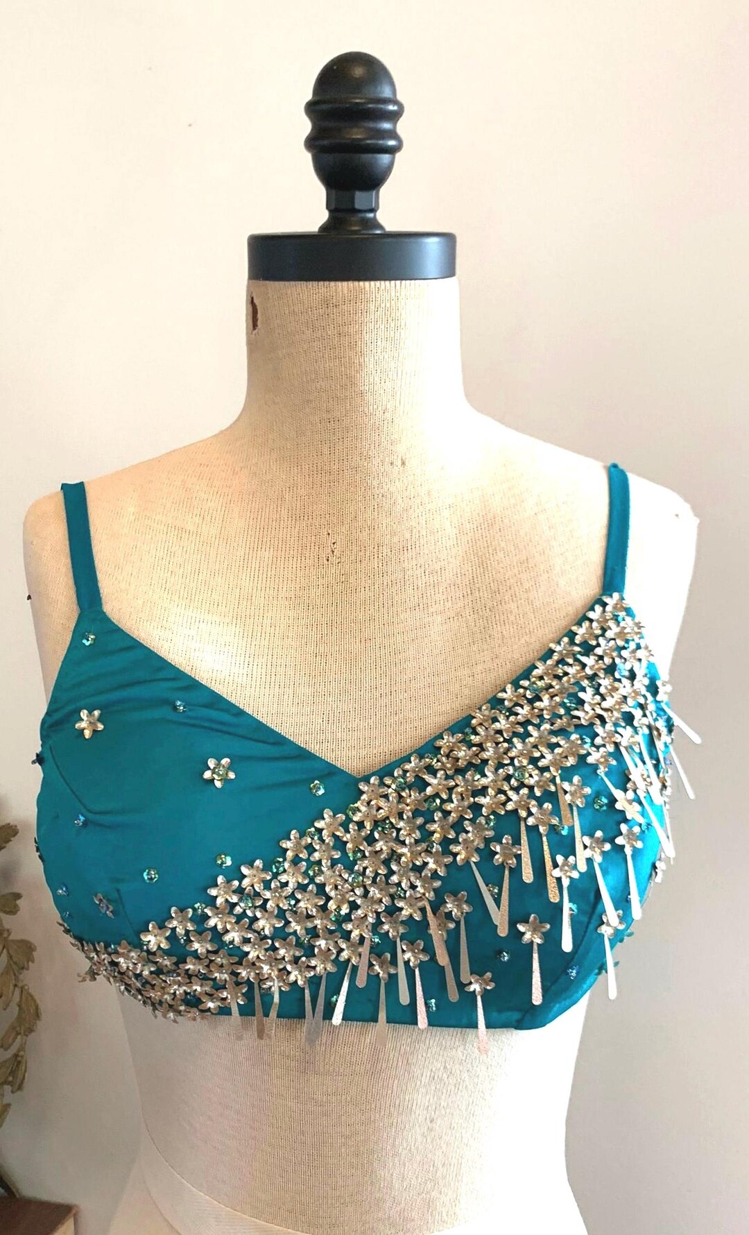 Vintage Turquoise Silk Bustier: Silver Metallic Flower Beading - Etsy