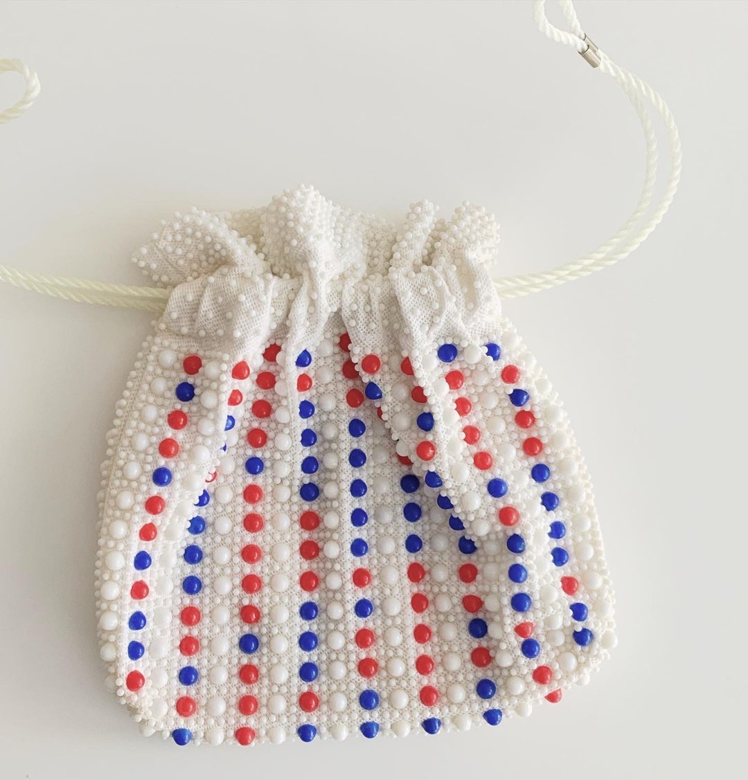 Vintage Modern 1960’s Beaded Drawstring Cinch Bag in Classic Red & Blue ...