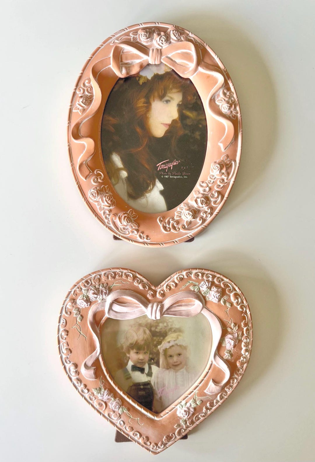 Vintage 80’s Terracotta Peach Ceramic Picture Frame With Roses, Pink Ribbons & Bows. Nancy ...