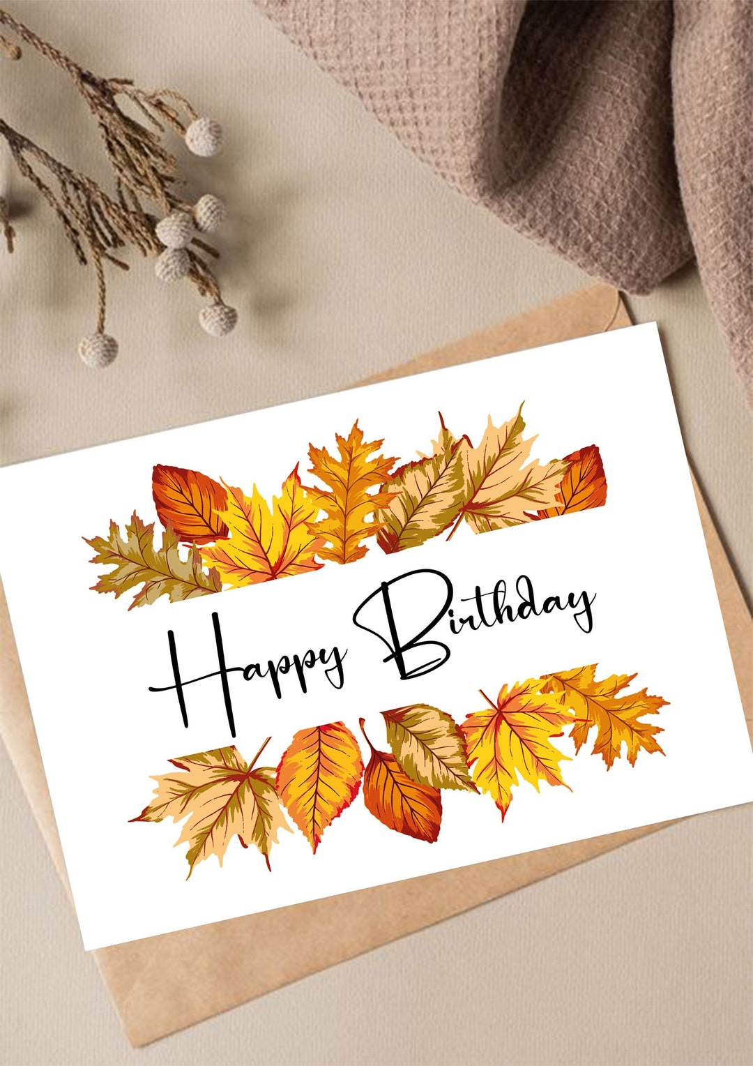 Autumn Fall Birthday Greeting Card, Floral Leaf Birthday Card ...