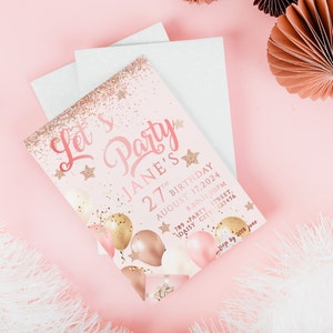 Rose Gold Birthday Party Invitation, Pink Rose Gold Editable Template ...