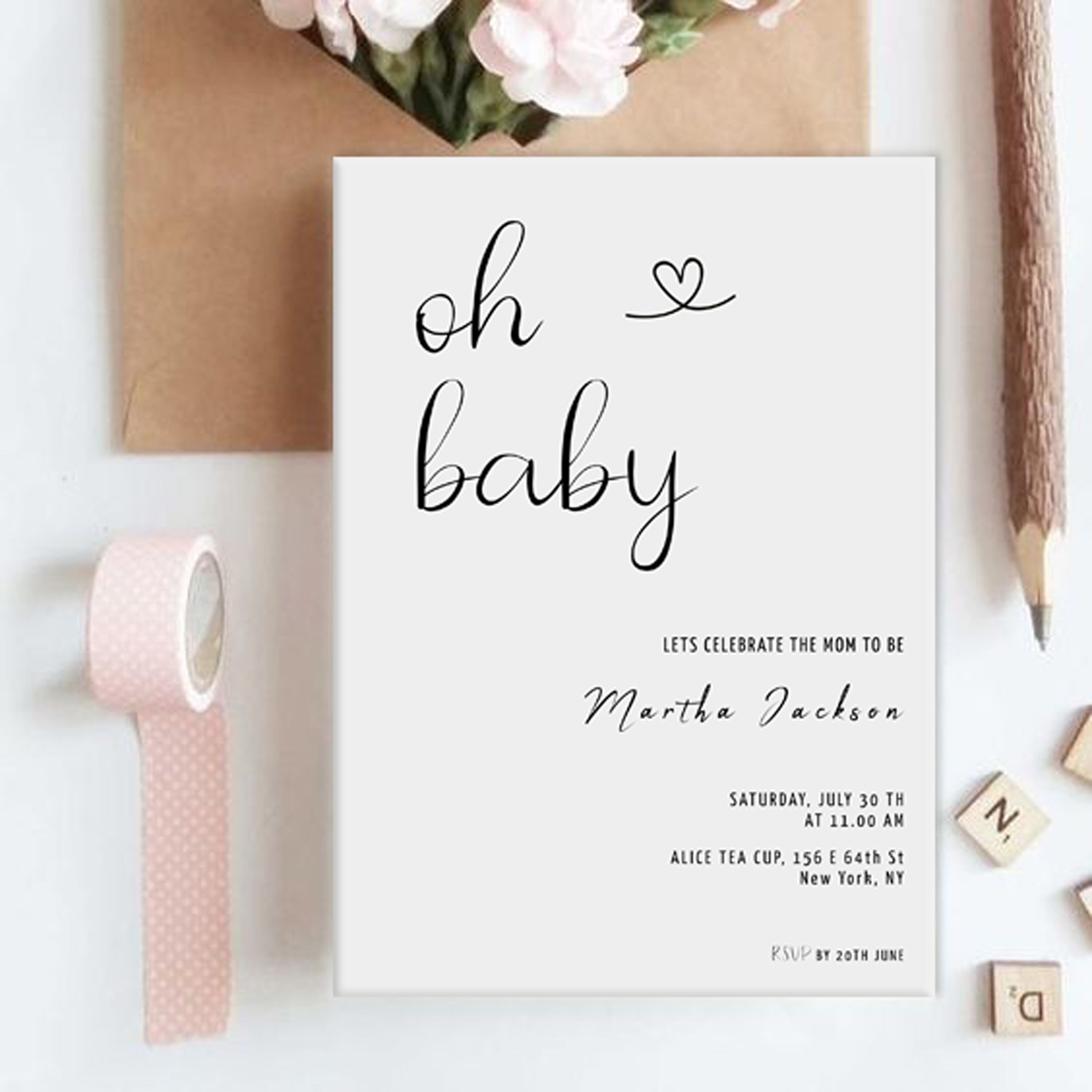 Oh Baby Shower Invitation, Minimal Baby Shower Invitation, Modern Baby ...
