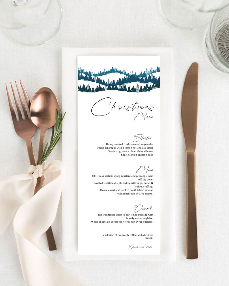 Christmas Tree Minimal Menu Template, Printable Snow Tree Menu Card ...