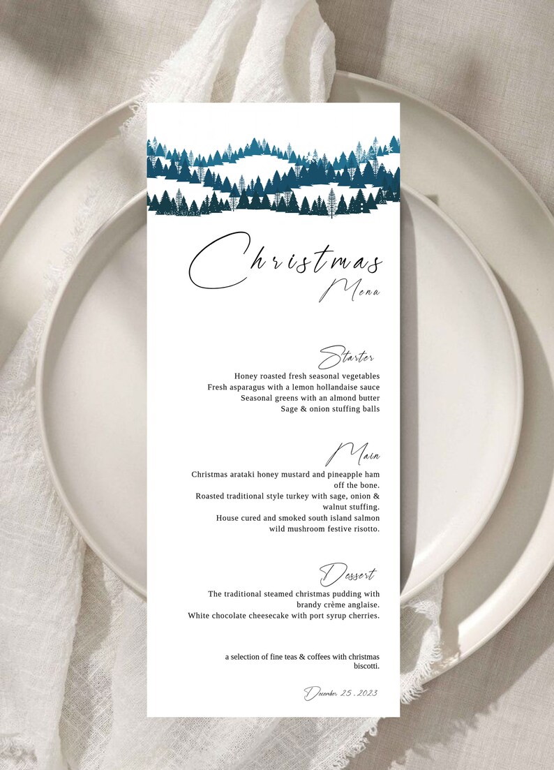 Christmas Tree Minimal Menu Template, Printable Snow Tree Menu Card ...