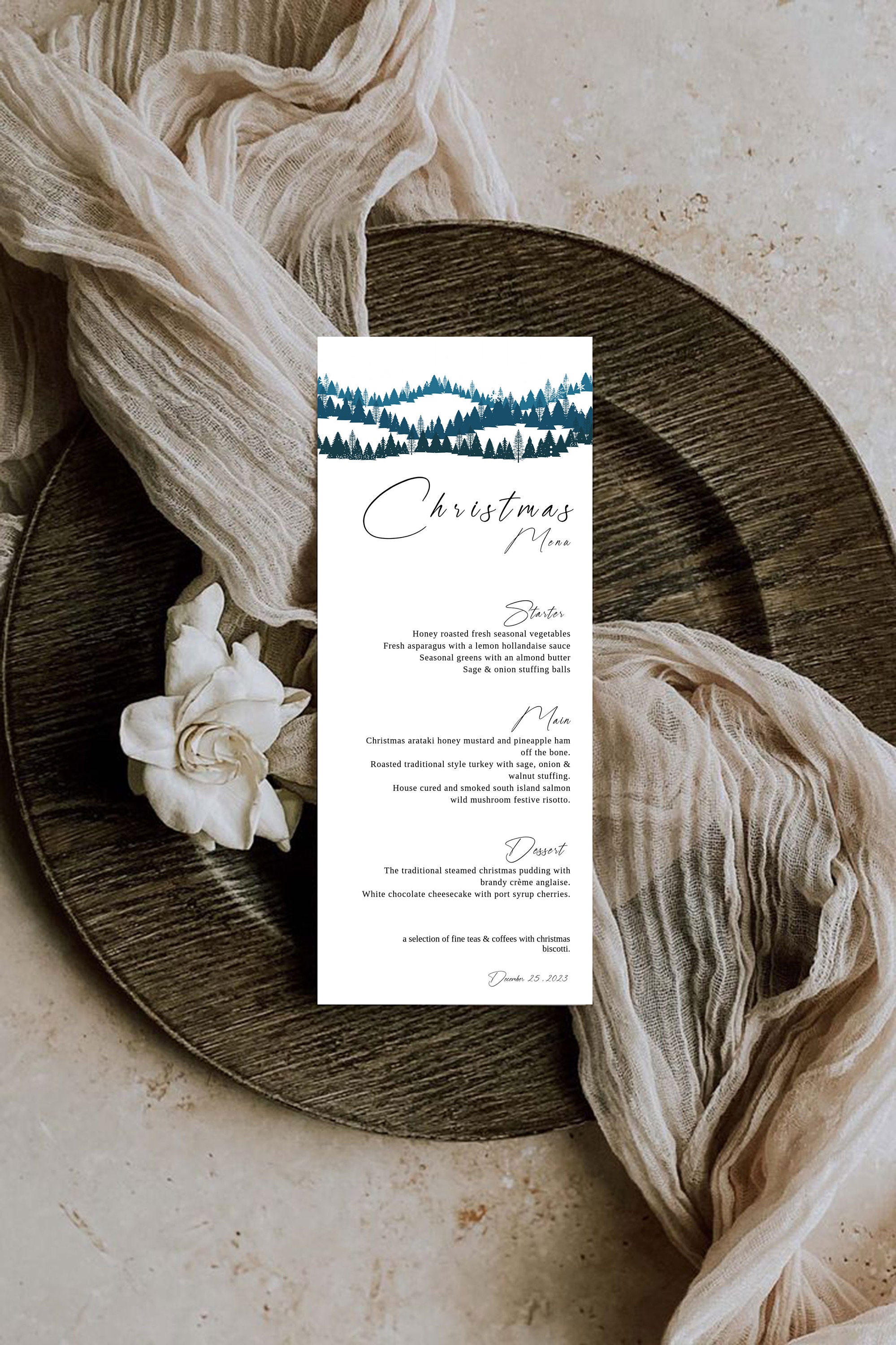 Christmas Tree Minimal Menu Template, Printable Snow Tree Menu Card ...