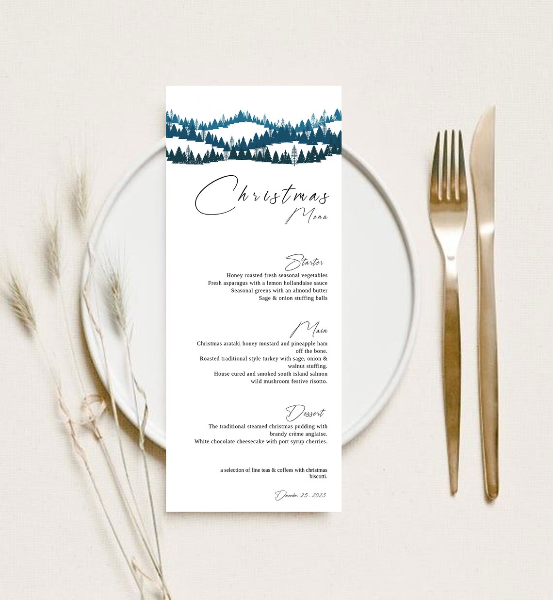 Christmas Tree Minimal Menu Template, Printable Snow Tree Menu Card ...