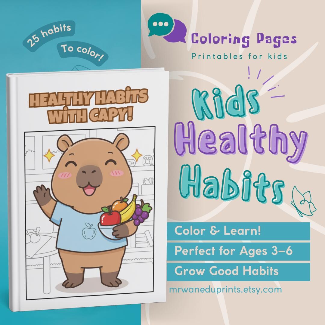 Healthy Habits Coloring Book for Kids With Capybara | 25 Rhyming Pages ...