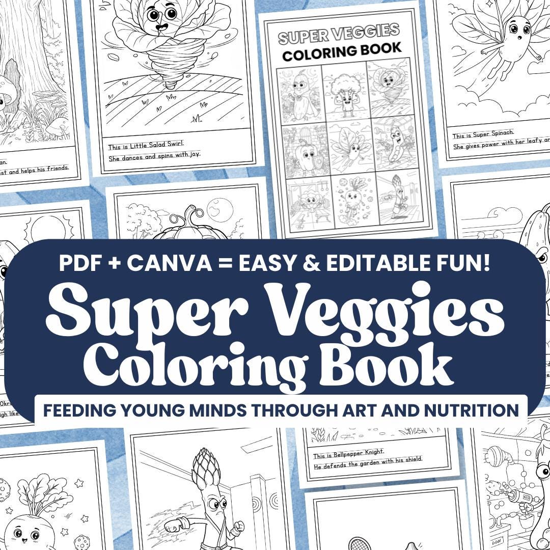 Super Veggies Coloring Book + Canva Template | Printable Vegetable ...