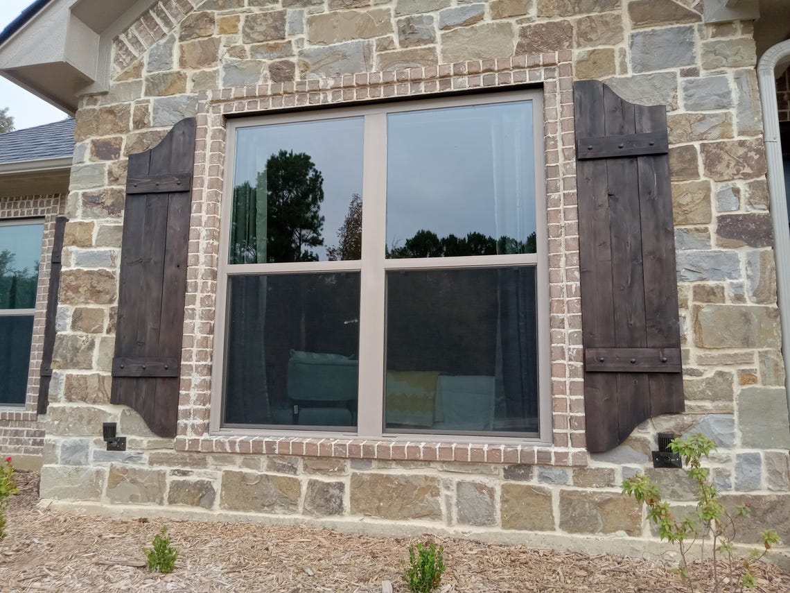 Cedar Double Arch Board and Batten Exterior Window Shutters With Rivets ...