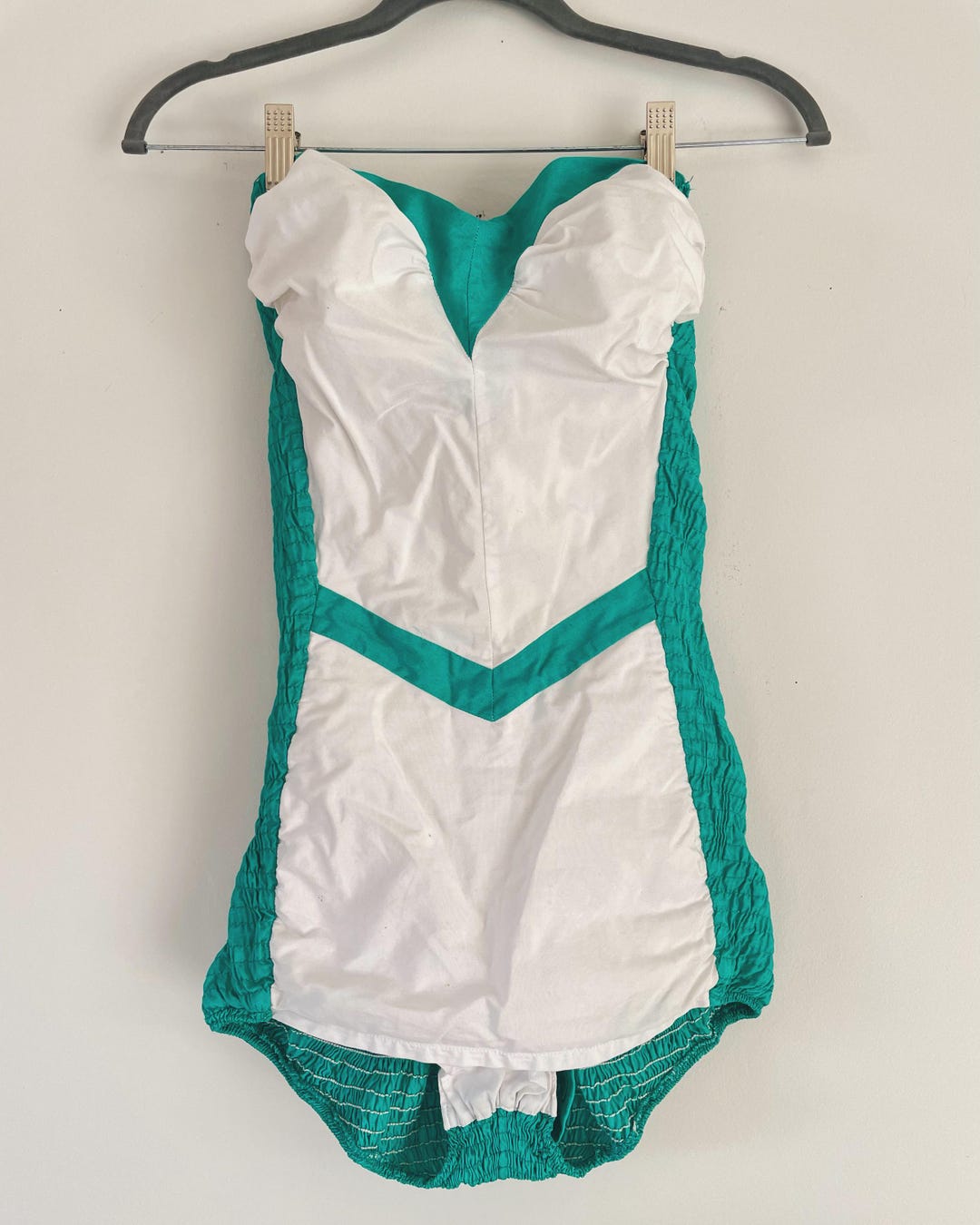 1950s Pinup Bathing Suit - White and Turquoise Green Cole of California ...