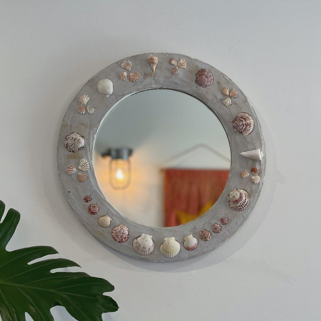 Shell Cottage - Round Seashell Mirror With Gray Plaster - Etsy