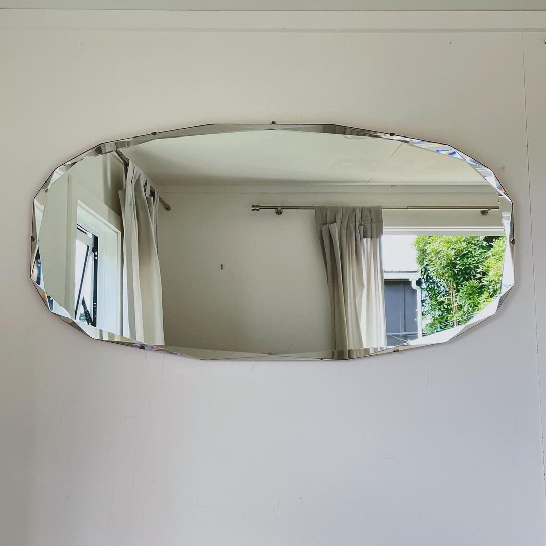 Huge 3 Foot Wide Art Deco Oval Mirror Antique Frameless Beveled Mirror ...