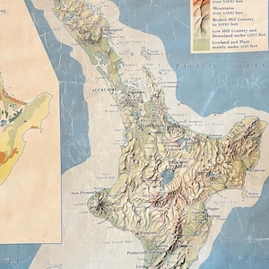 North Island NZ Large Vintage Hanging Map of New Zealand - North Island ...