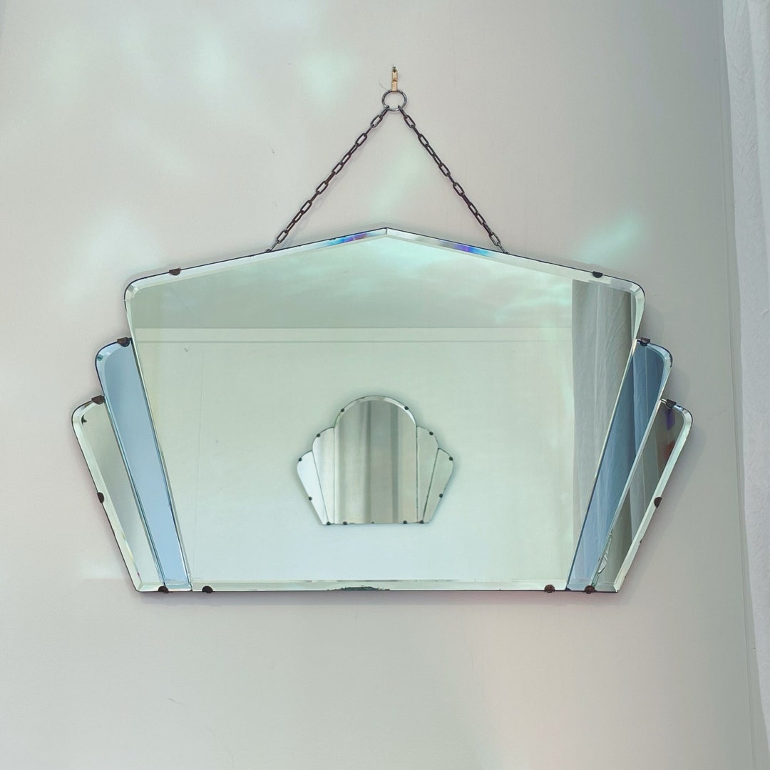 Fan Shaped Art Deco Mirror With Aquamarine Colored Panels - Etsy