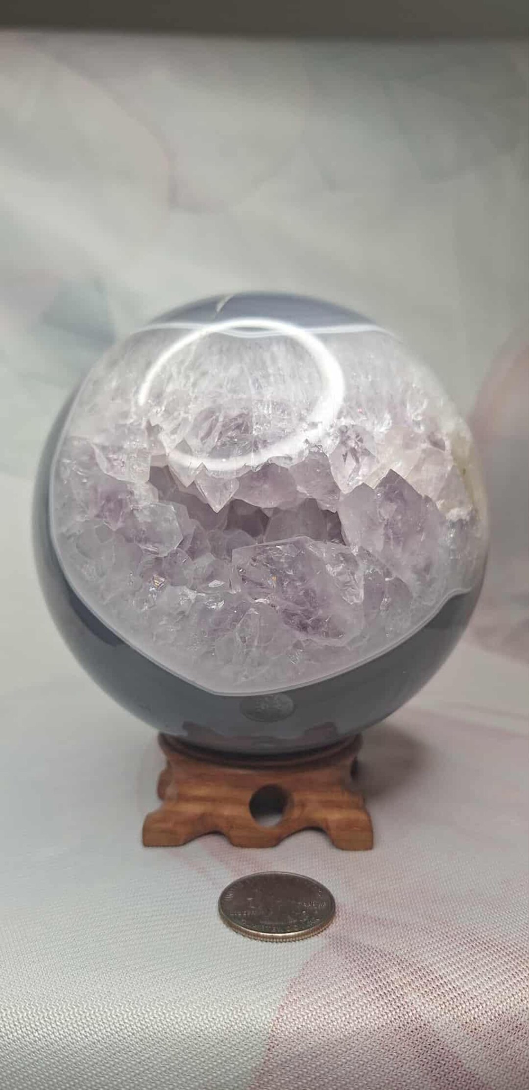 Large Blue Agate Sphere With Amethyst Cluster and Calcite / UV Reactive ...