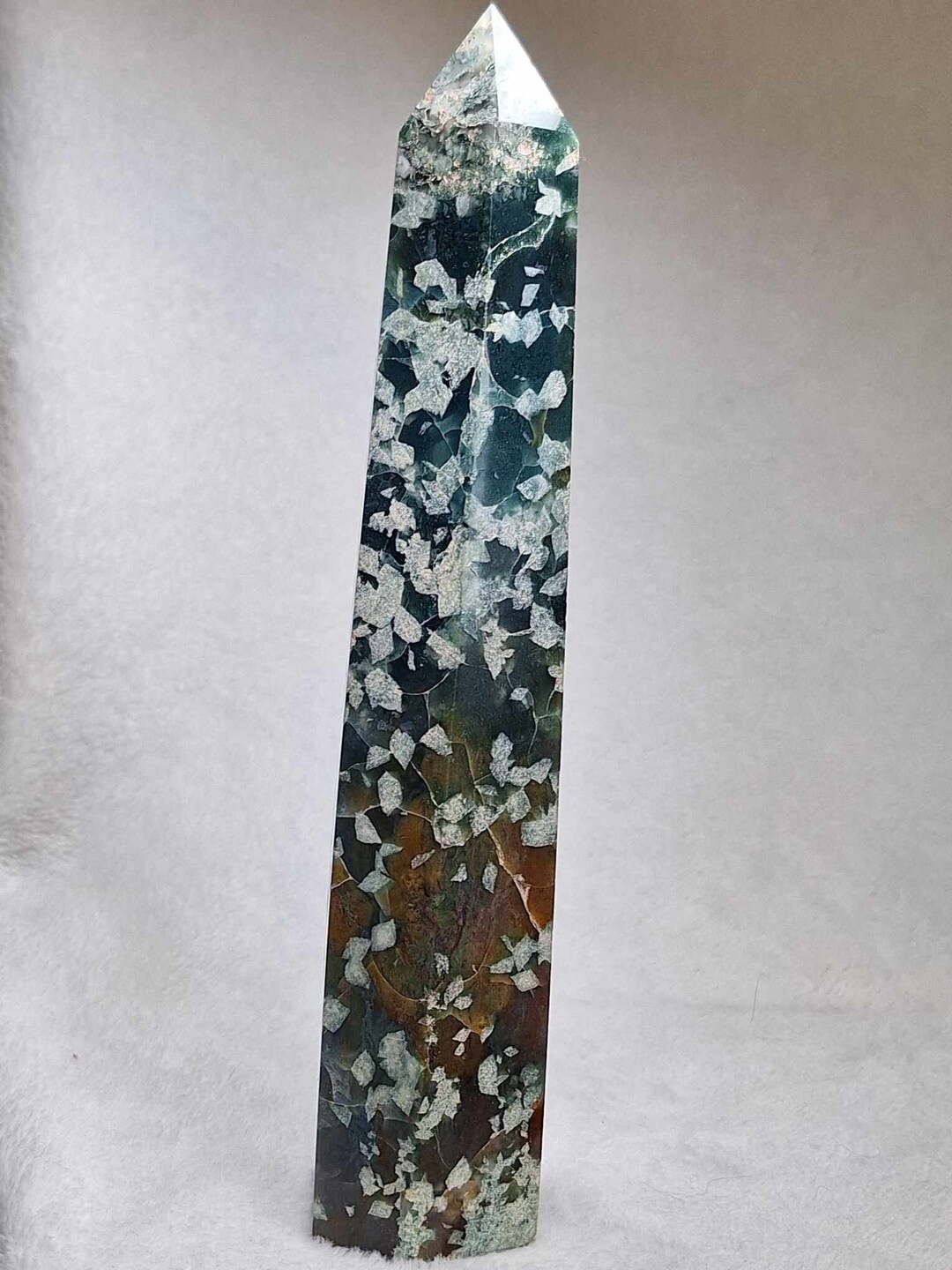 Large Pretty Moss Agate Obelisk With White Calcite Flower Patterns - Etsy