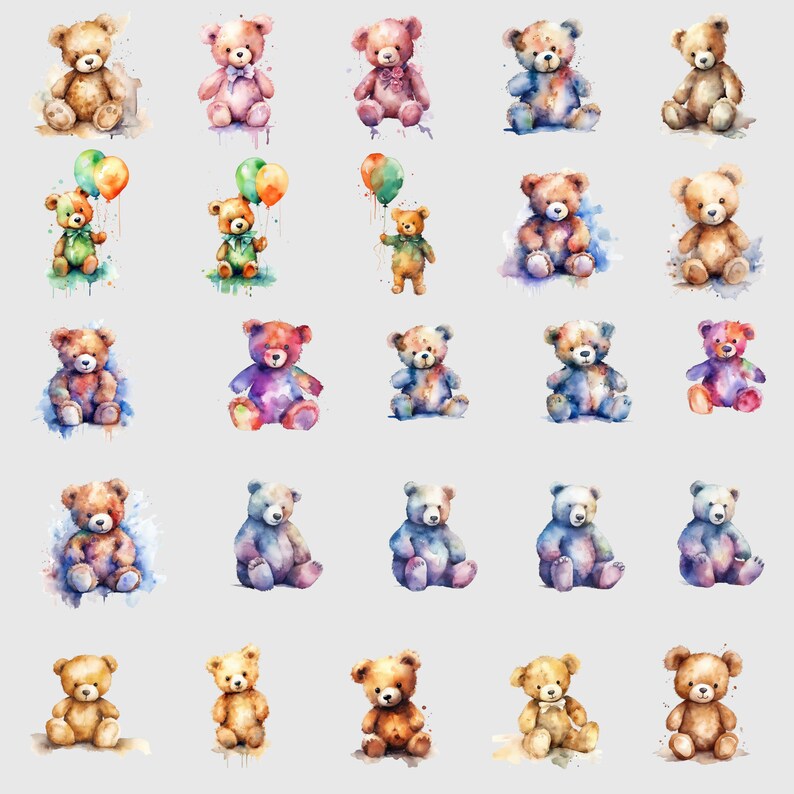45 Watercolour Teddy Bear, Clipart, Bundle, PNG, Clip-art - Etsy