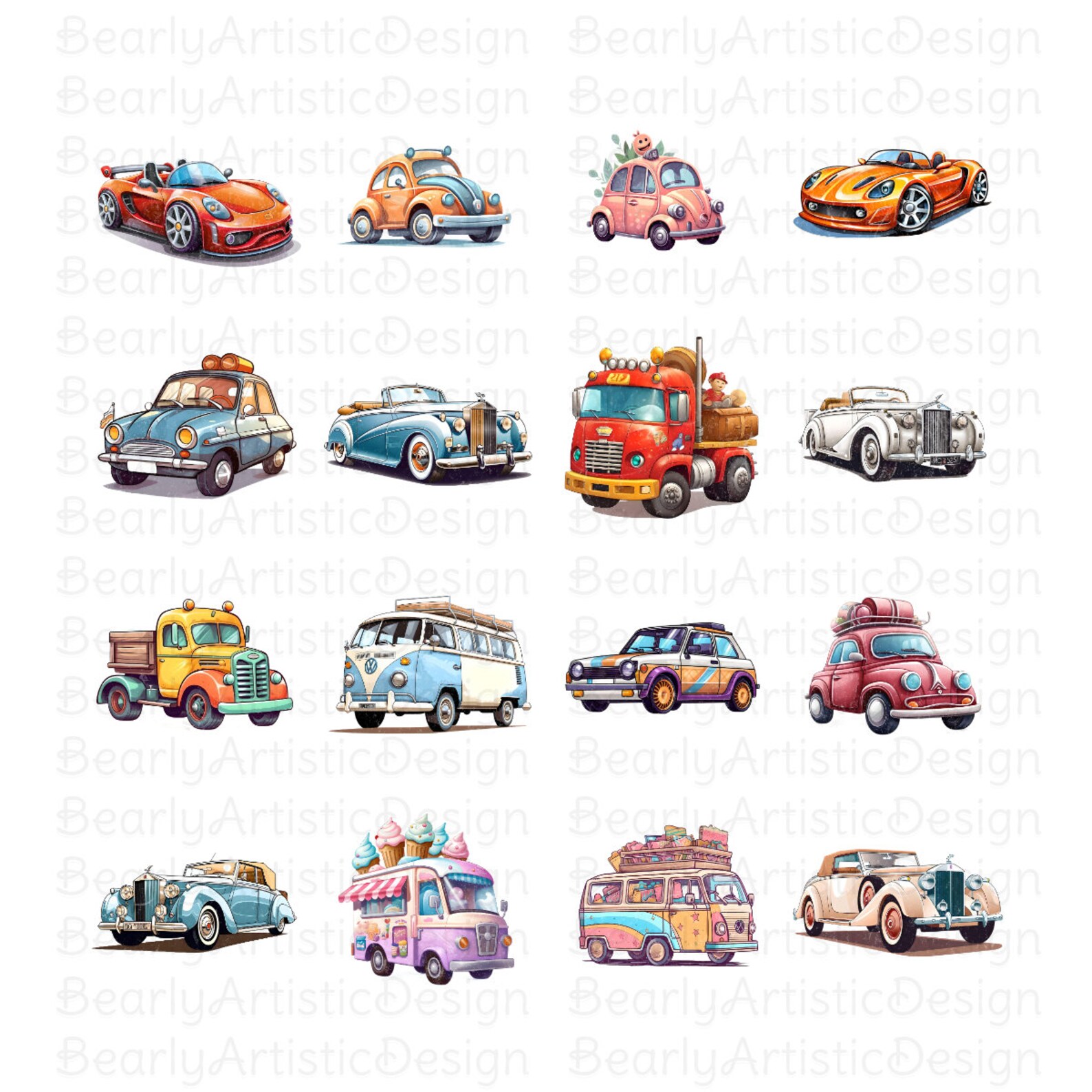 Cute and Cool Cartoon Cars Clipart Set, Cars Trucks PNG Clip Art - Etsy
