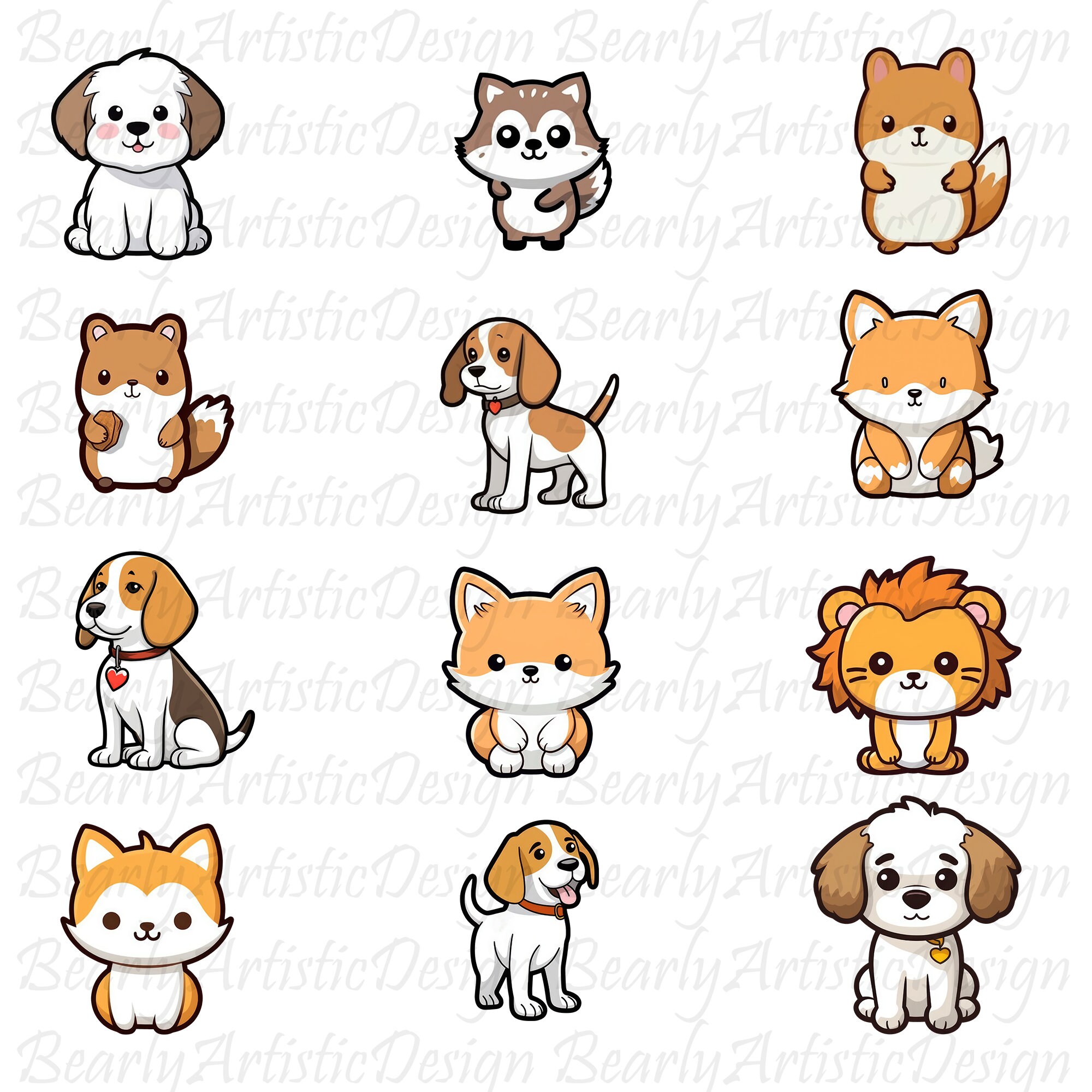 Cute Animal Clipart Set, Dogs Cats, Rabbit, Squirrels, Bears, Fox, PNG ...