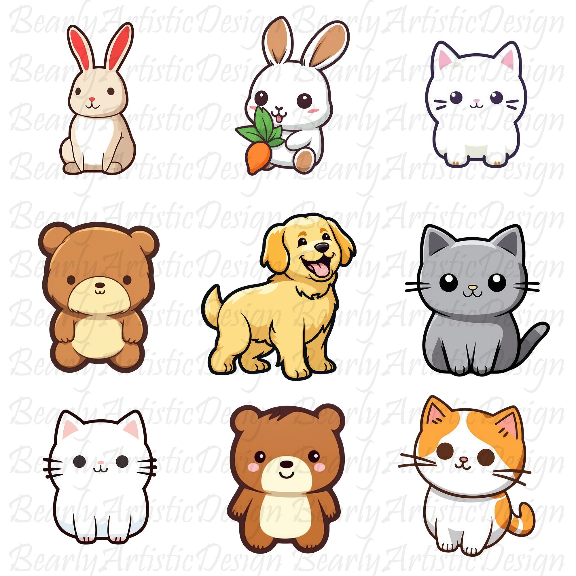 Cute Animal Clipart Set, Dogs Cats, Rabbit, Squirrels, Bears, Fox, PNG ...