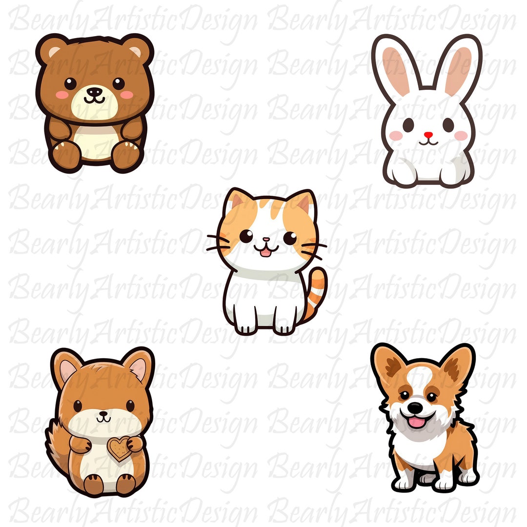Cute Animal Clipart Set, Dogs Cats, Rabbit, Squirrels, Bears, Fox, PNG ...