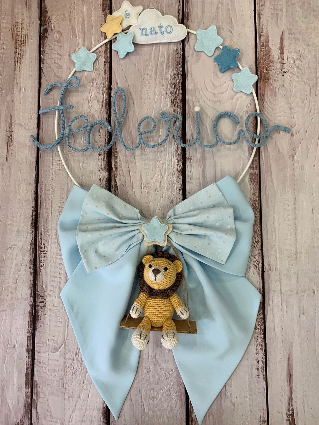 Baby Blue Birth Ribbon With Name in Tricotin and Amigurumi Lion on ...