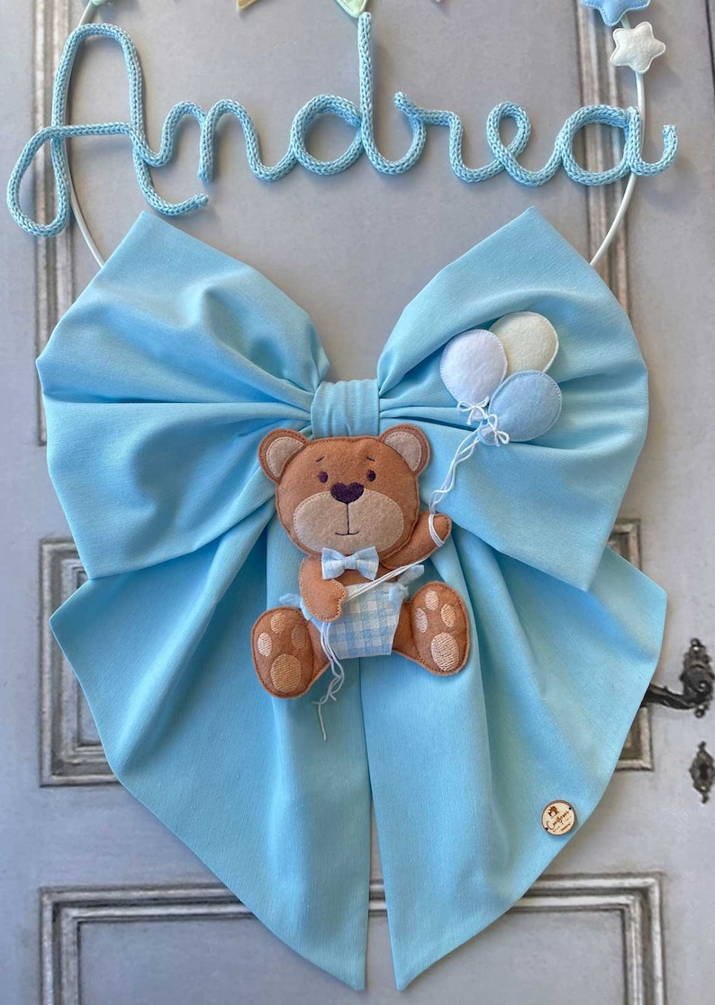 Baby Blue Birth Bow With Name in Tricotin and Teddy Bear With Balloons ...