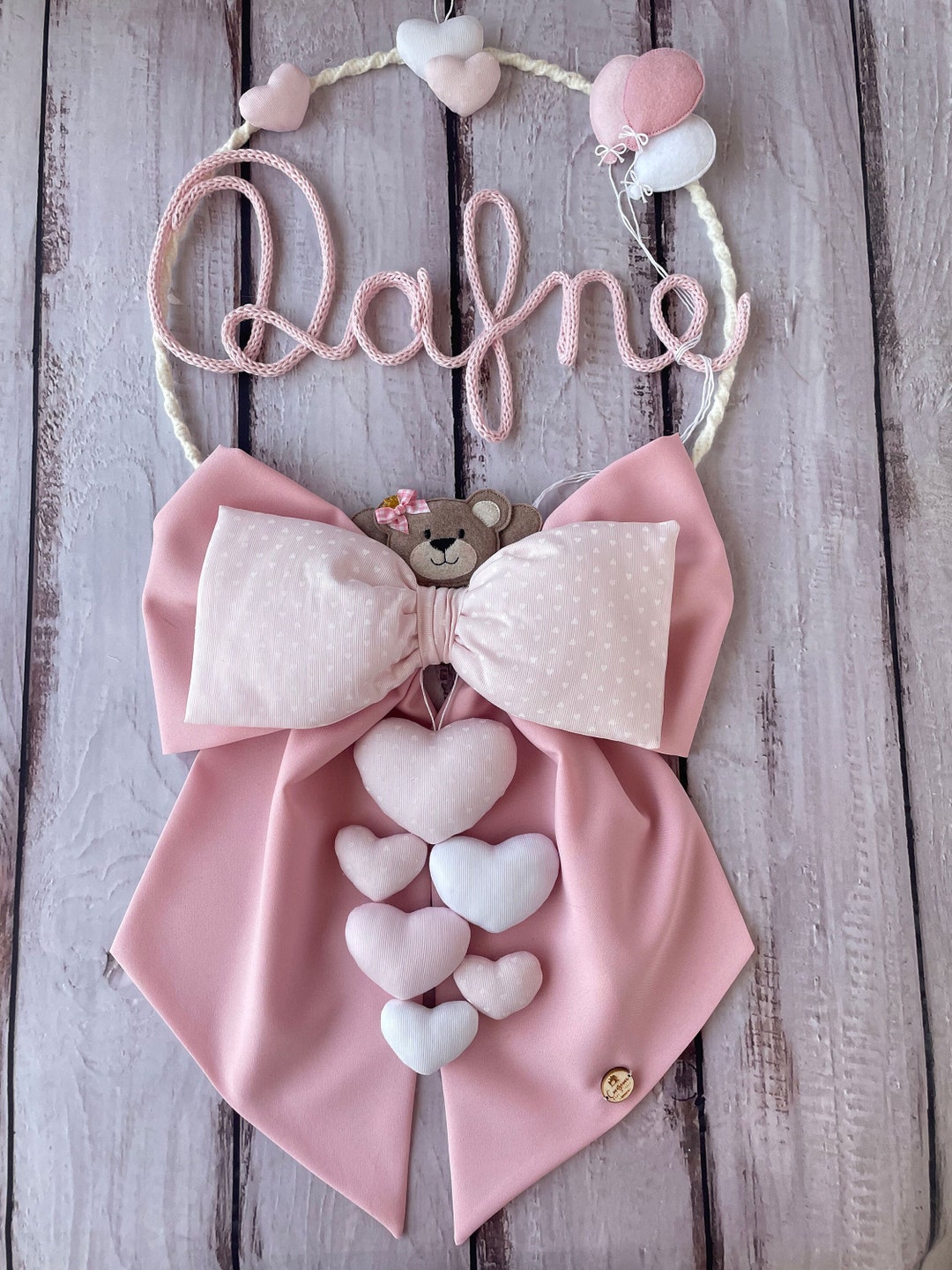 Pink Baby Girl Birth Bow With Name in Tricotin Macramé and - Etsy